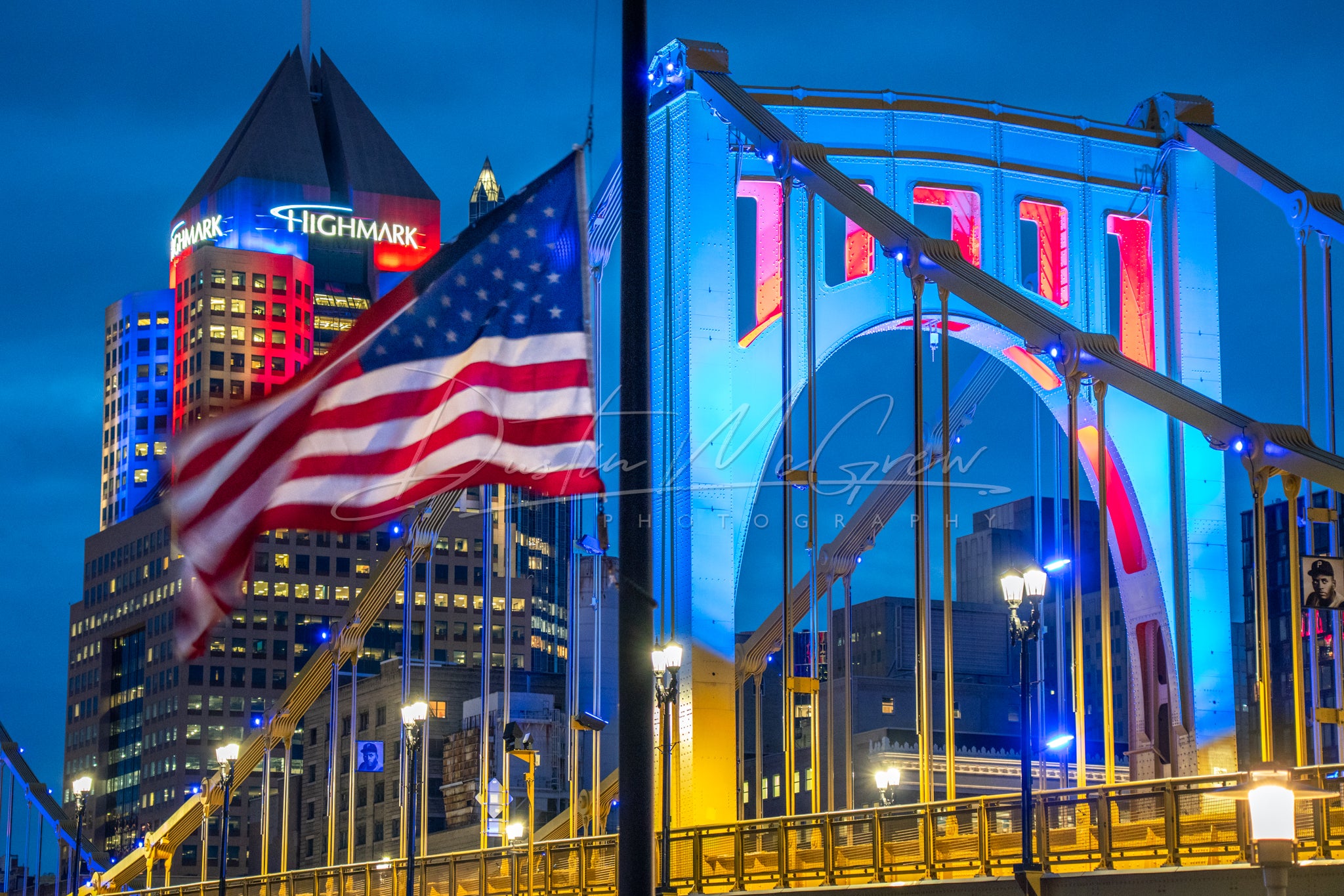 Pittsburgh Bridge Print - Clemente Bridge and 5th Ave Place Red, White ...