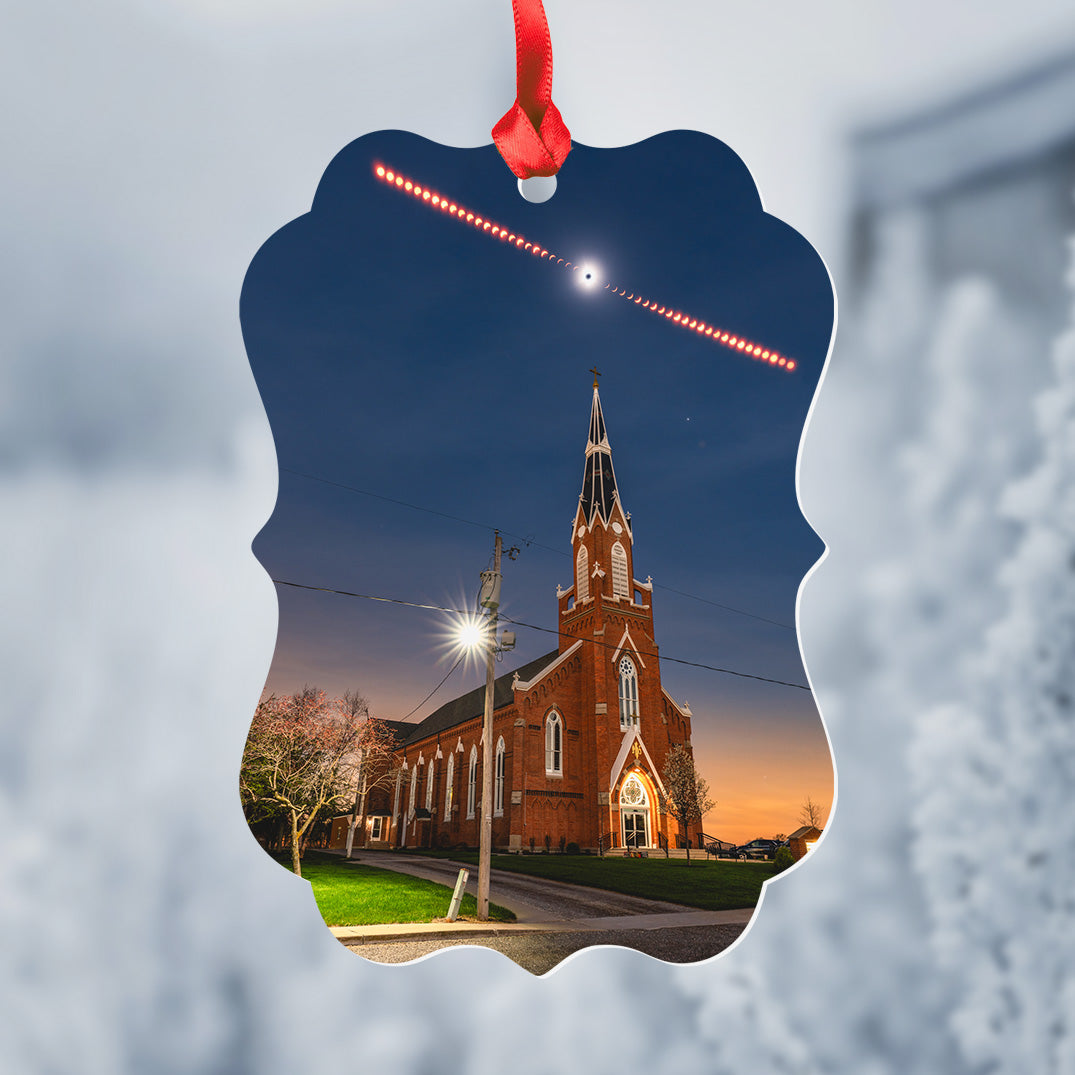 2024 Solar Eclipse and Trinity, IN Church Metal Christmas Ornament ...